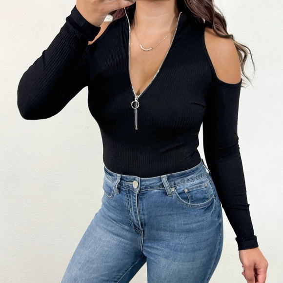 Tops | Black Zipper Cutout Long Sleeve Ribbed Bodysuit | Poshmark